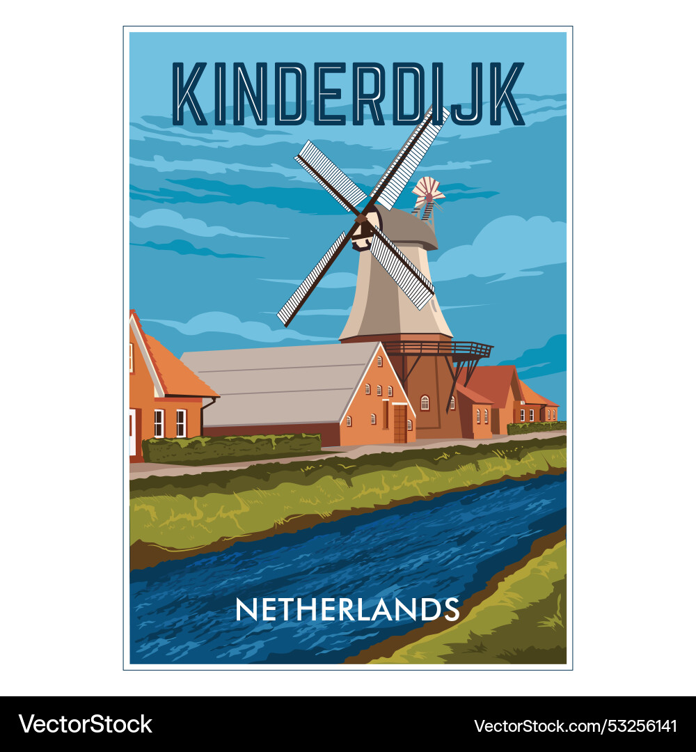 Windmills in netherlands vintage poster design Vector Image