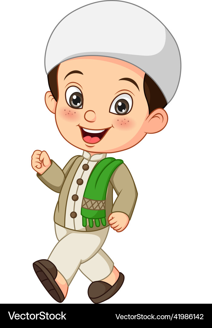Happy muslim boy cartoon walking Royalty Free Vector Image