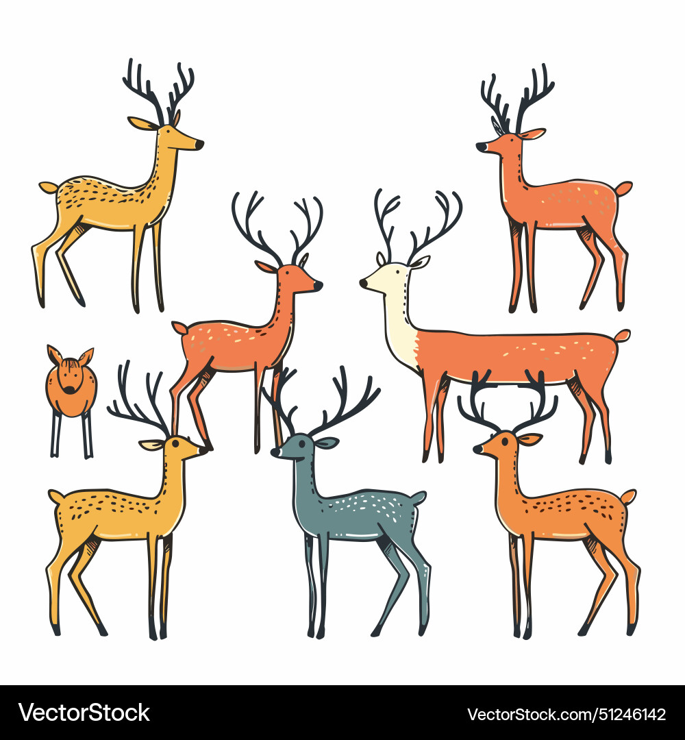 Seven stylized deer various poses colorful design Vector Image