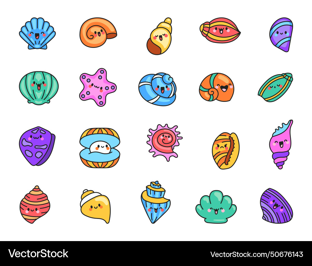 Cute kawaii sea shell marine seashell characters Vector Image