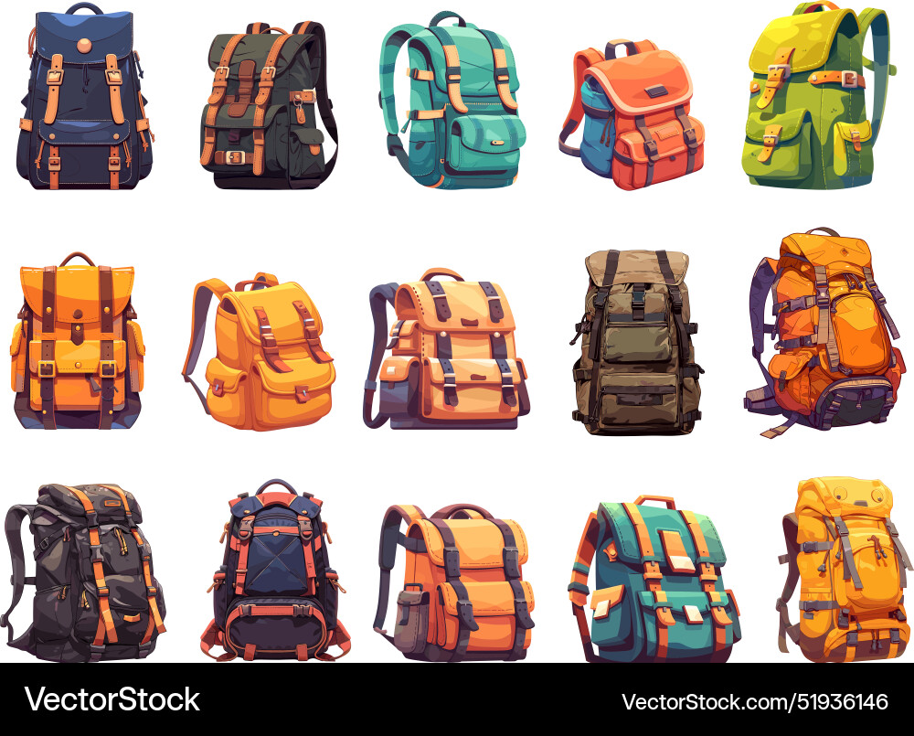 Cartoon travel backpacks set hiking backpack Vector Image