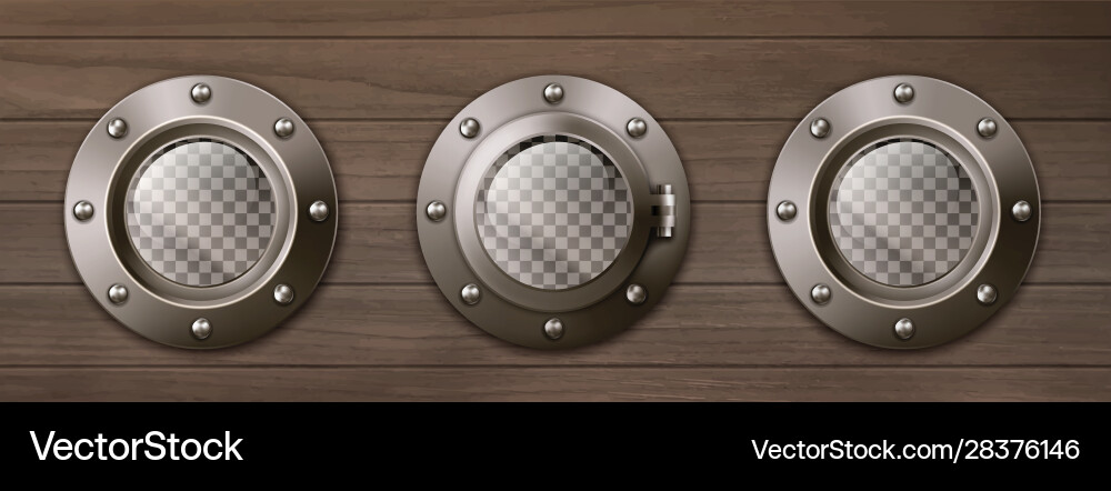 Realistic ship portholes on wooden wall Royalty Free Vector