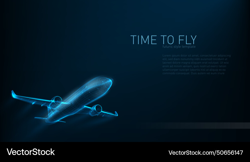 3d blue wire plane take off on dark background Vector Image