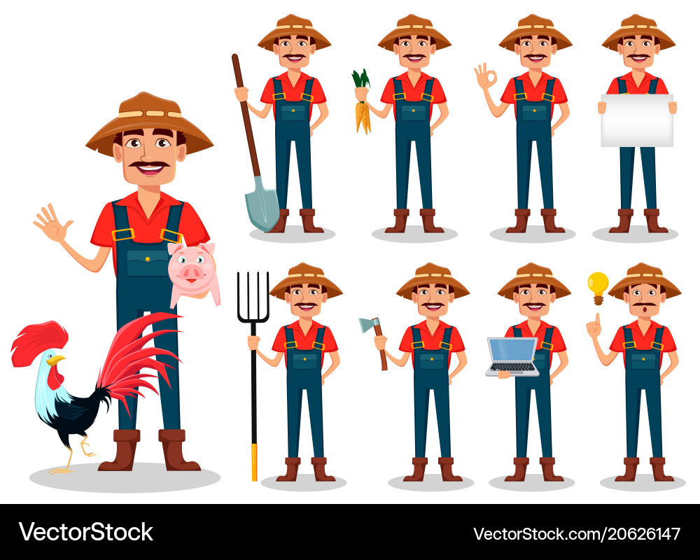 Farmer cartoon character set Royalty Free Vector Image