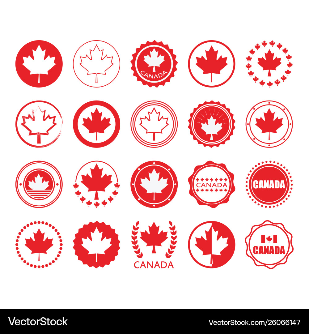 Red canada flag and maple leaf circle emblem set Vector Image