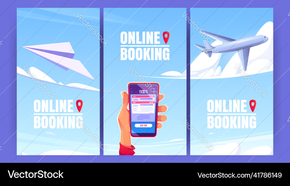 Online booking cartoon posters book plane tickets Vector Image