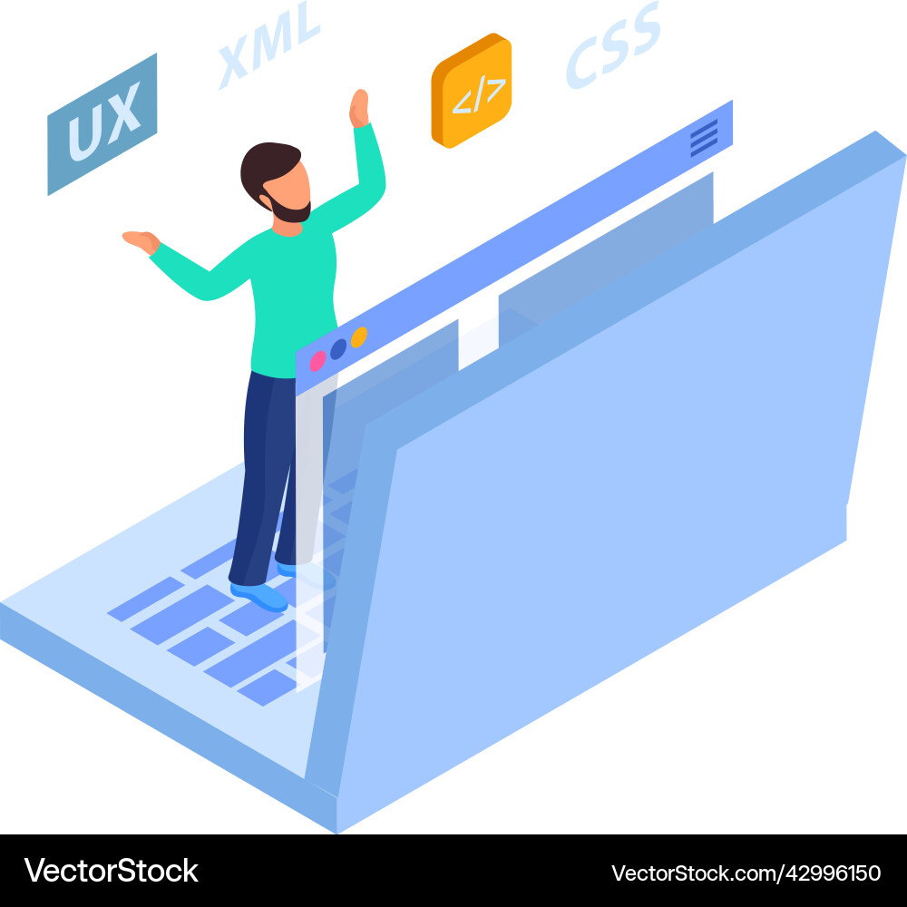 Laptop web development composition Royalty Free Vector Image