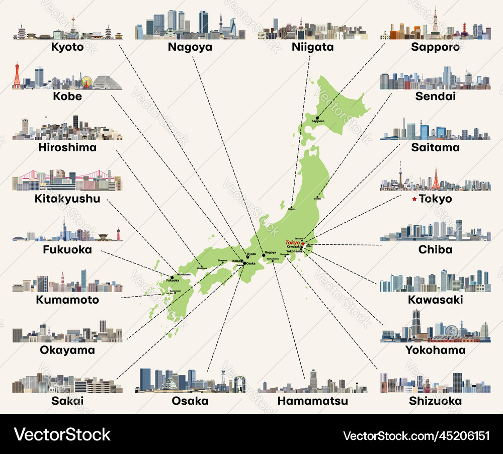 Japan map with main cities skylines Royalty Free Vector