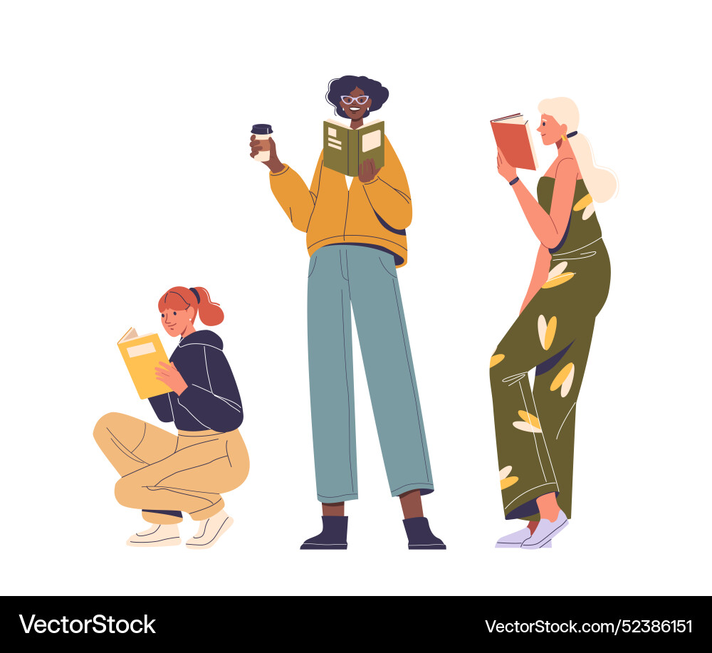 Three female characters reading books women Vector Image