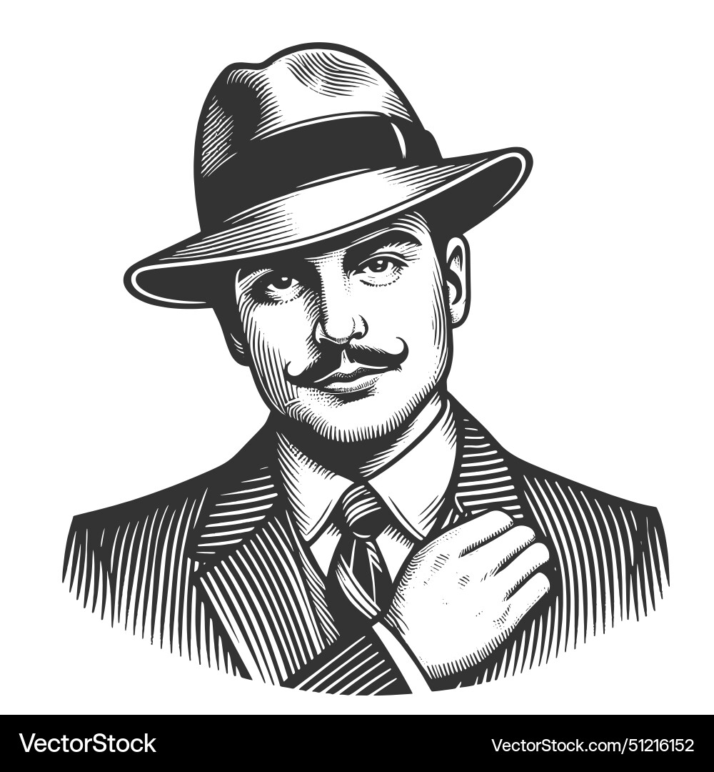 Mafioso gentleman in suit and hat sketch Vector Image