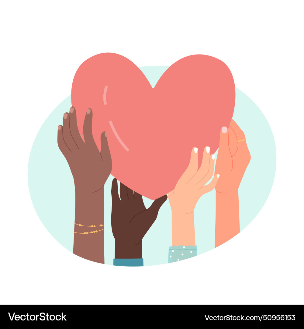 Diverse hands holding one heart Royalty Free Vector Image