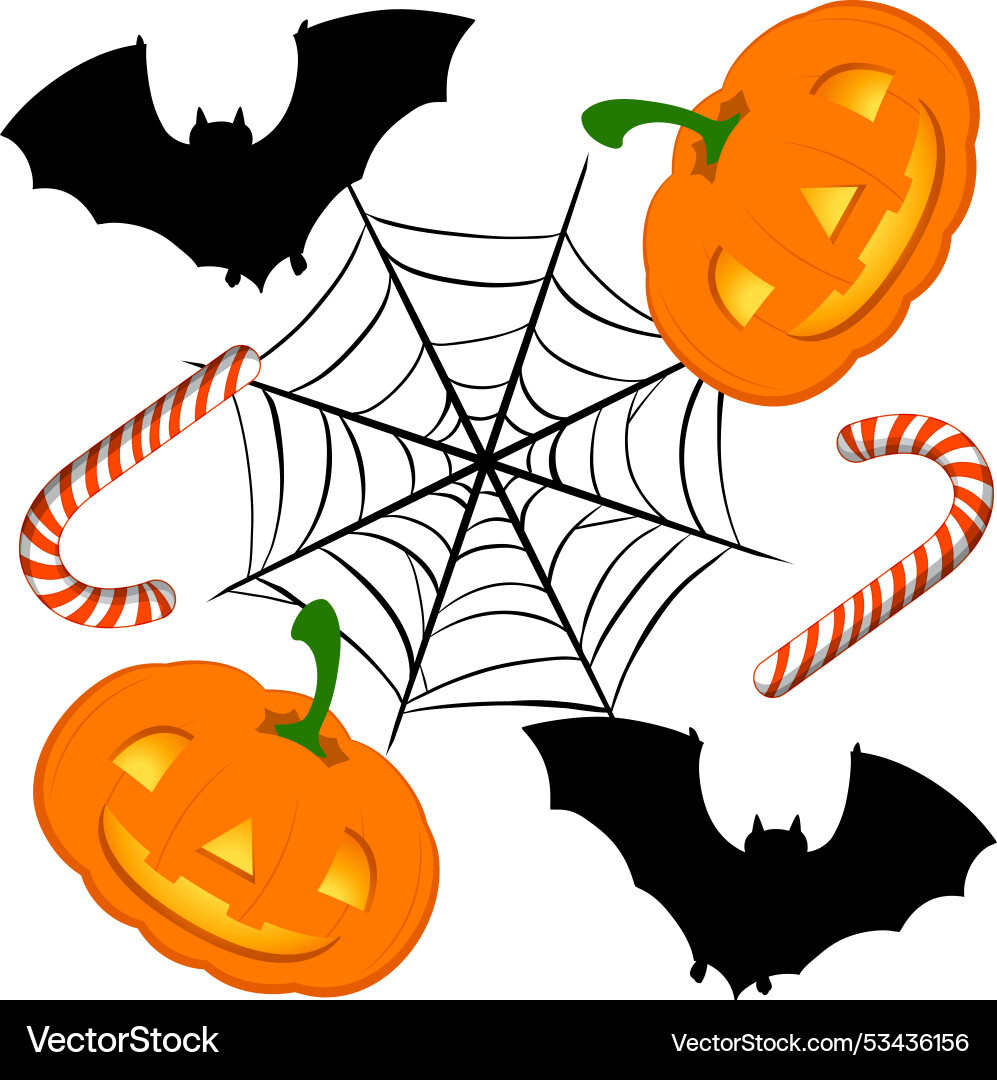 Pumpkins bats spider web and candy canes Vector Image