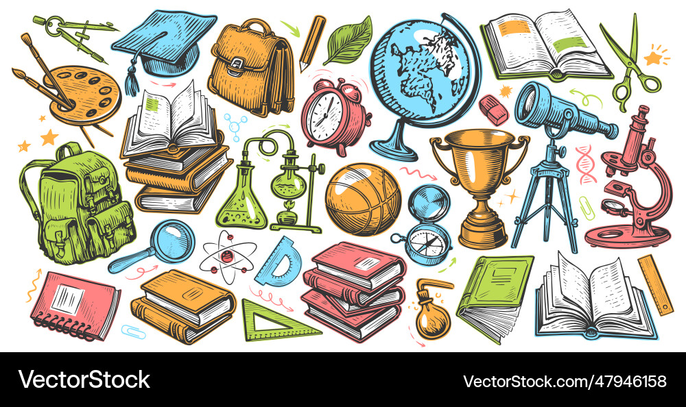 School items set educational supplies collection Vector Image