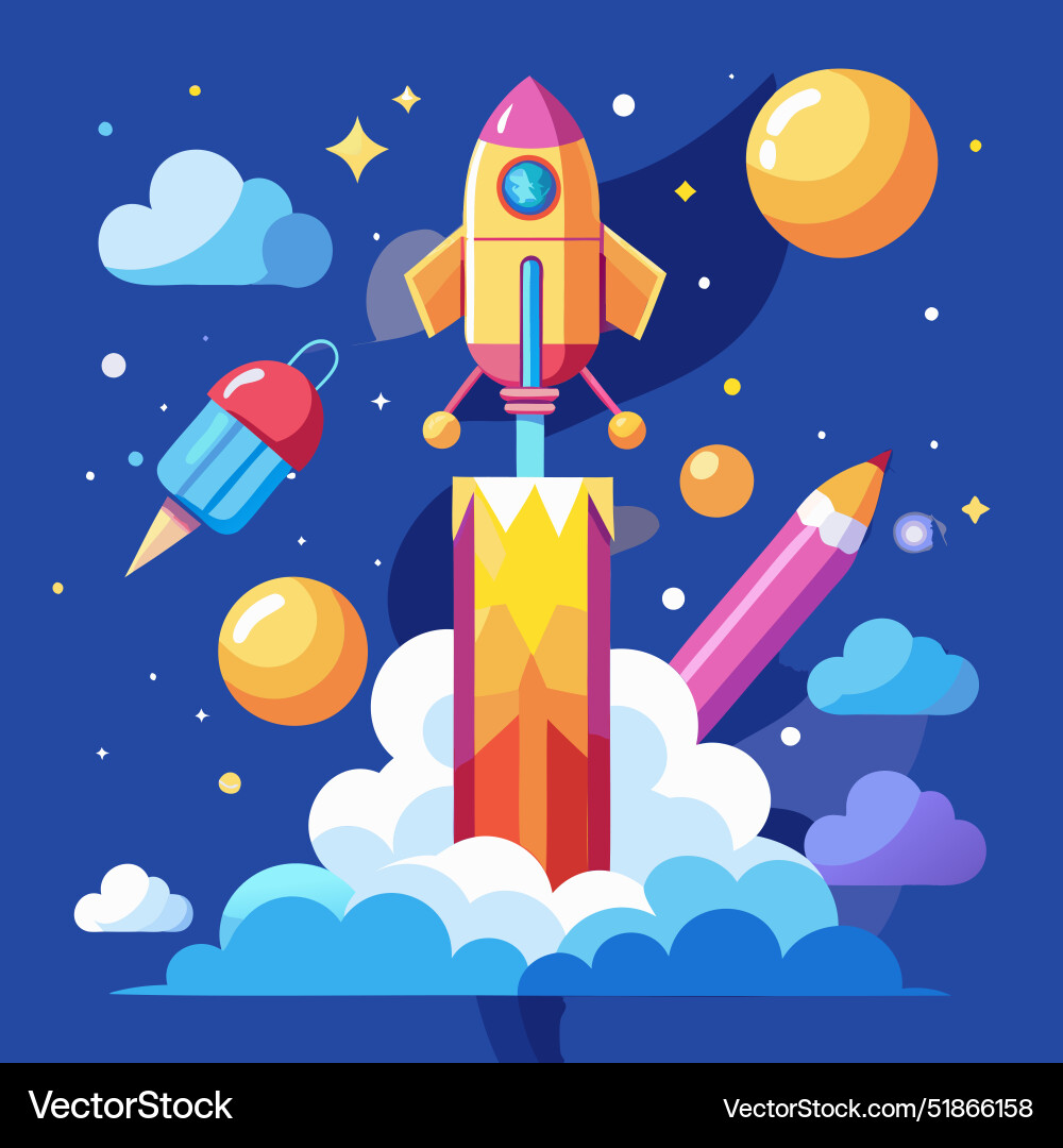 Space creativity rocket and pencil adventure Vector Image