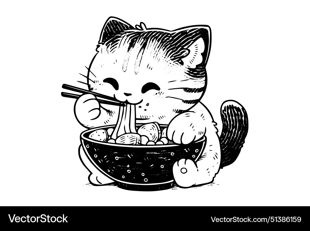 Cute cat eats noodles hand drawn ink sketch Vector Image