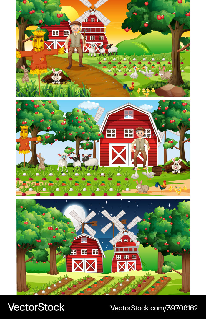 Different farm scenes with old farmer and animal Vector Image