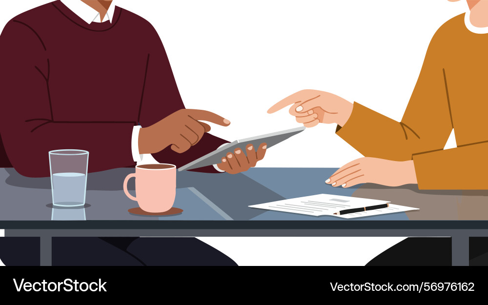 Two people discussing document using digital – Royalty-Free Vector ...