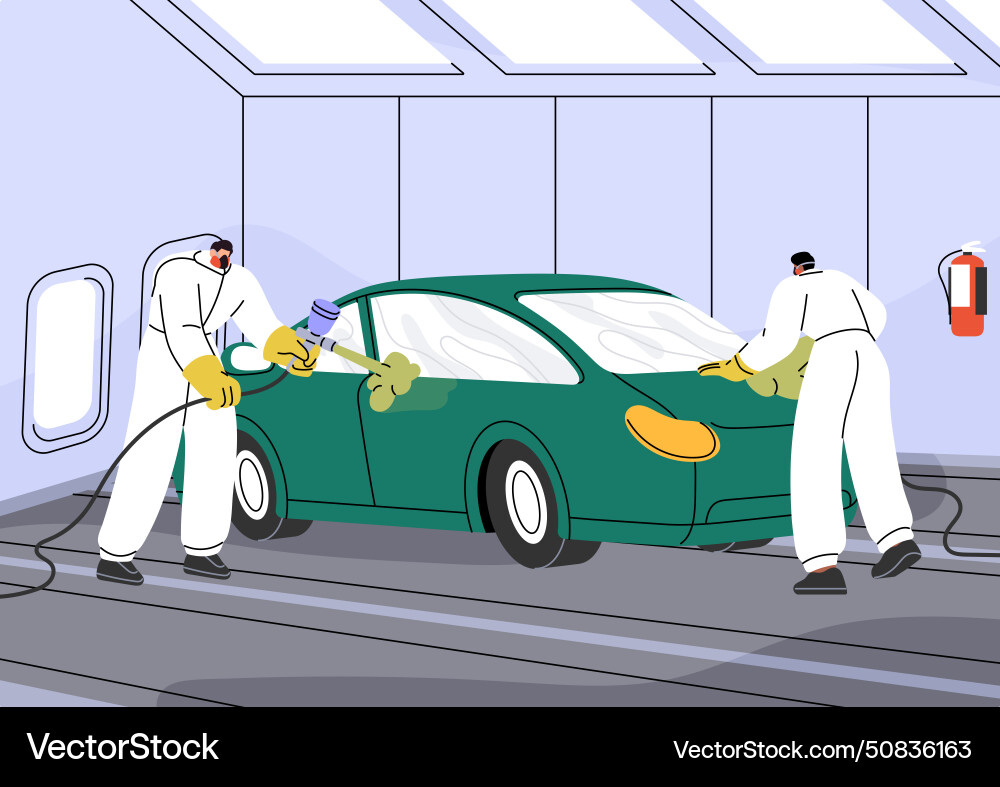 Car painters apply paint using spraying gun Vector Image
