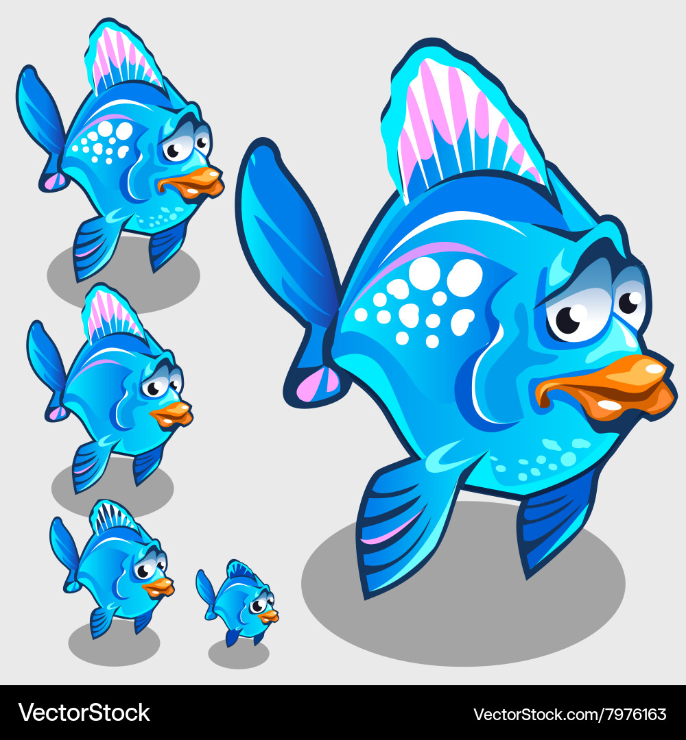 Cute blue fish with sad face character Royalty Free Vector