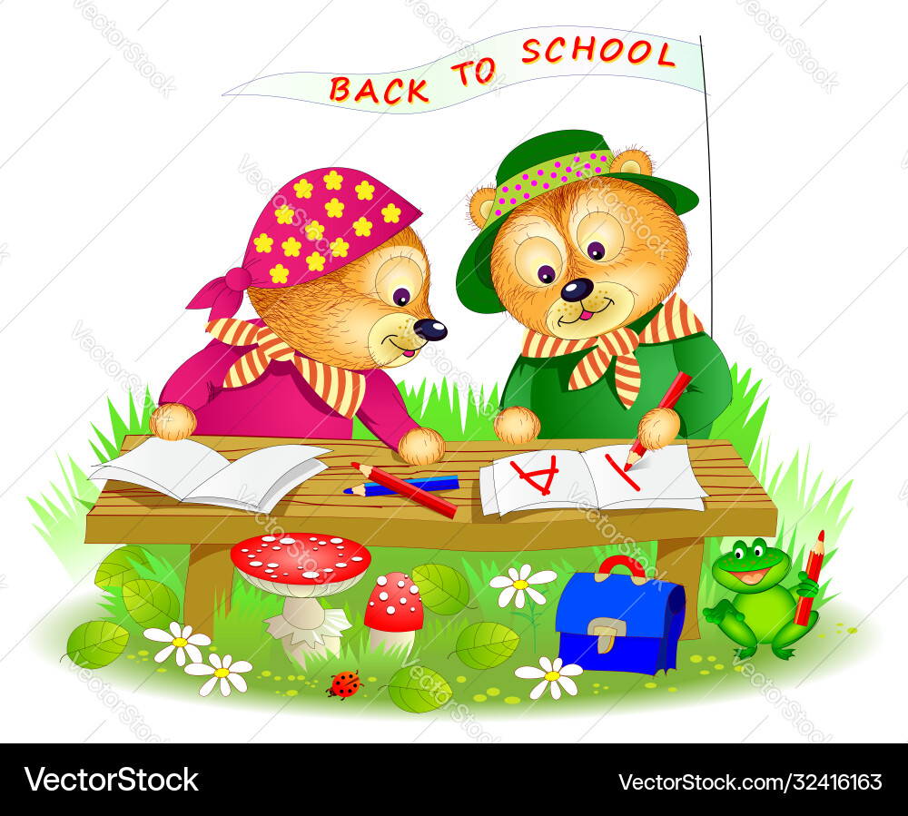 Two little bears learning to read and write Vector Image