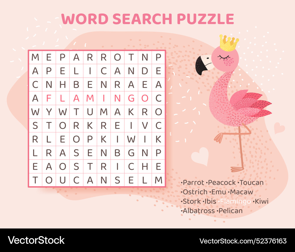 Word search puzzle with birds Royalty Free Vector Image