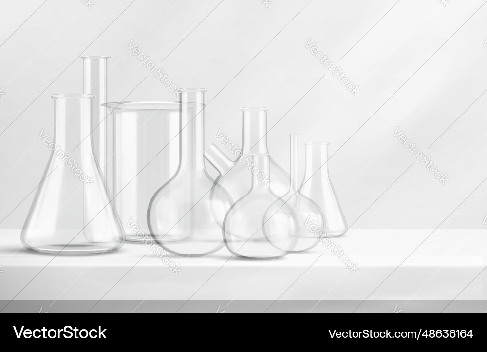 3d glass chemistry beaker on laboratory table Vector Image