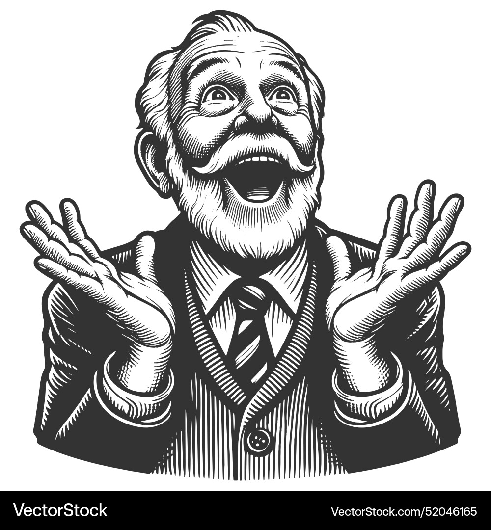 Ecstatic elderly man with glasses engraving Vector Image