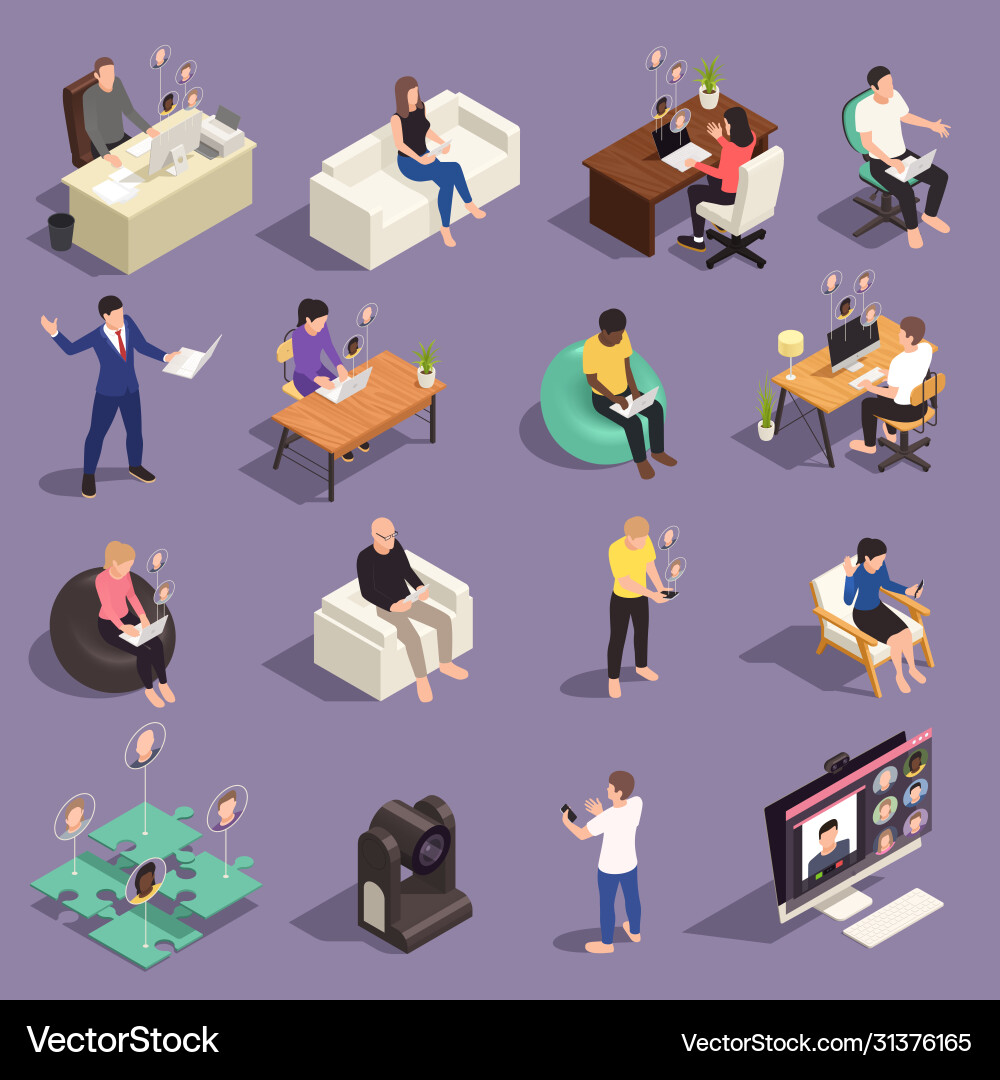 Virtual team isometric set Royalty Free Vector Image
