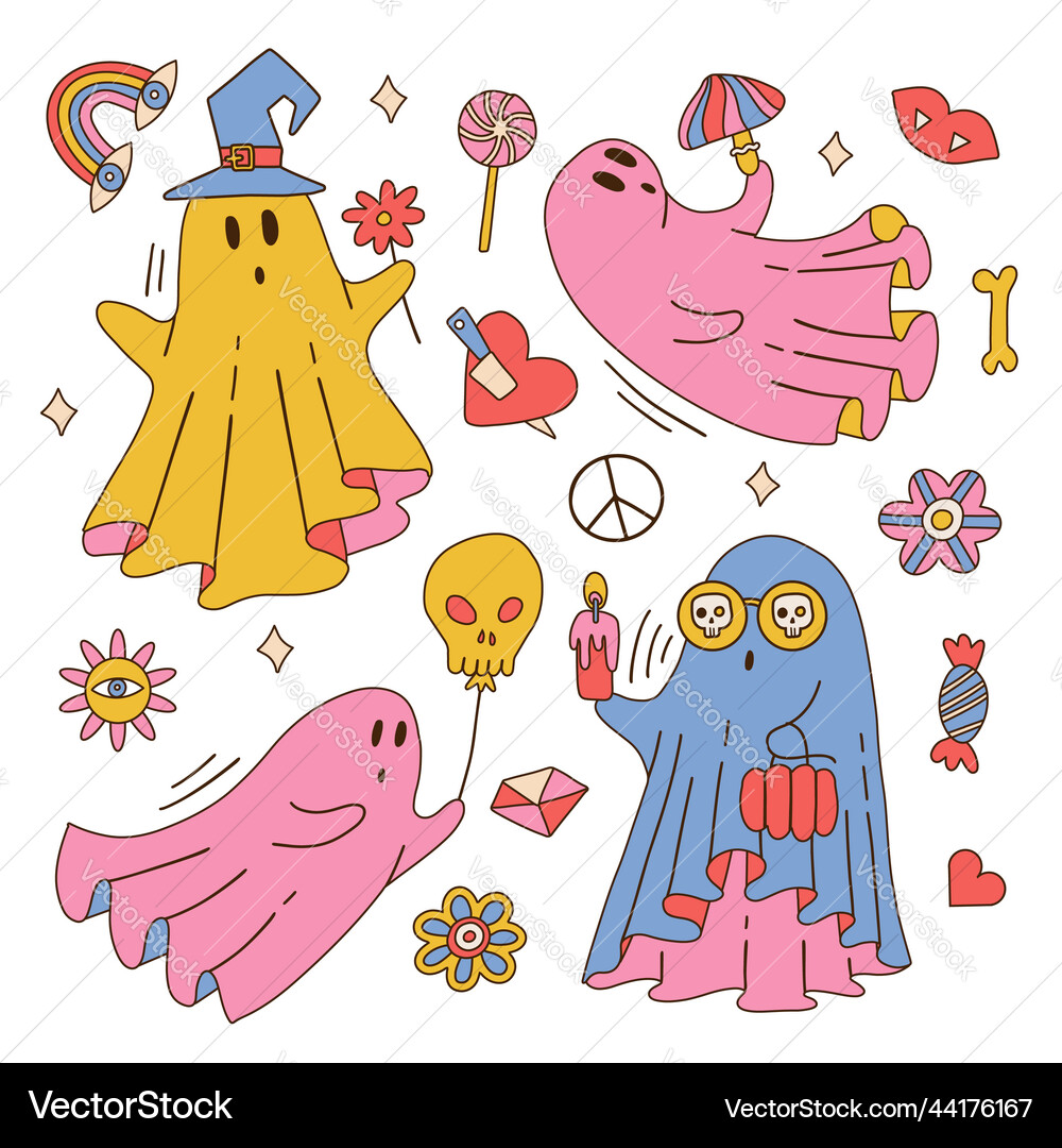 Big set of 70s halloween psychedelic ghosts Vector Image