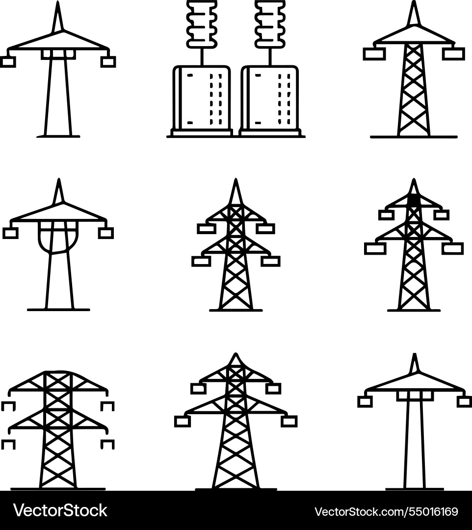 Collection of black outline power line structures Vector Image