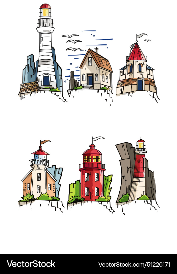 Coastal scene featuring various colorful Vector Image