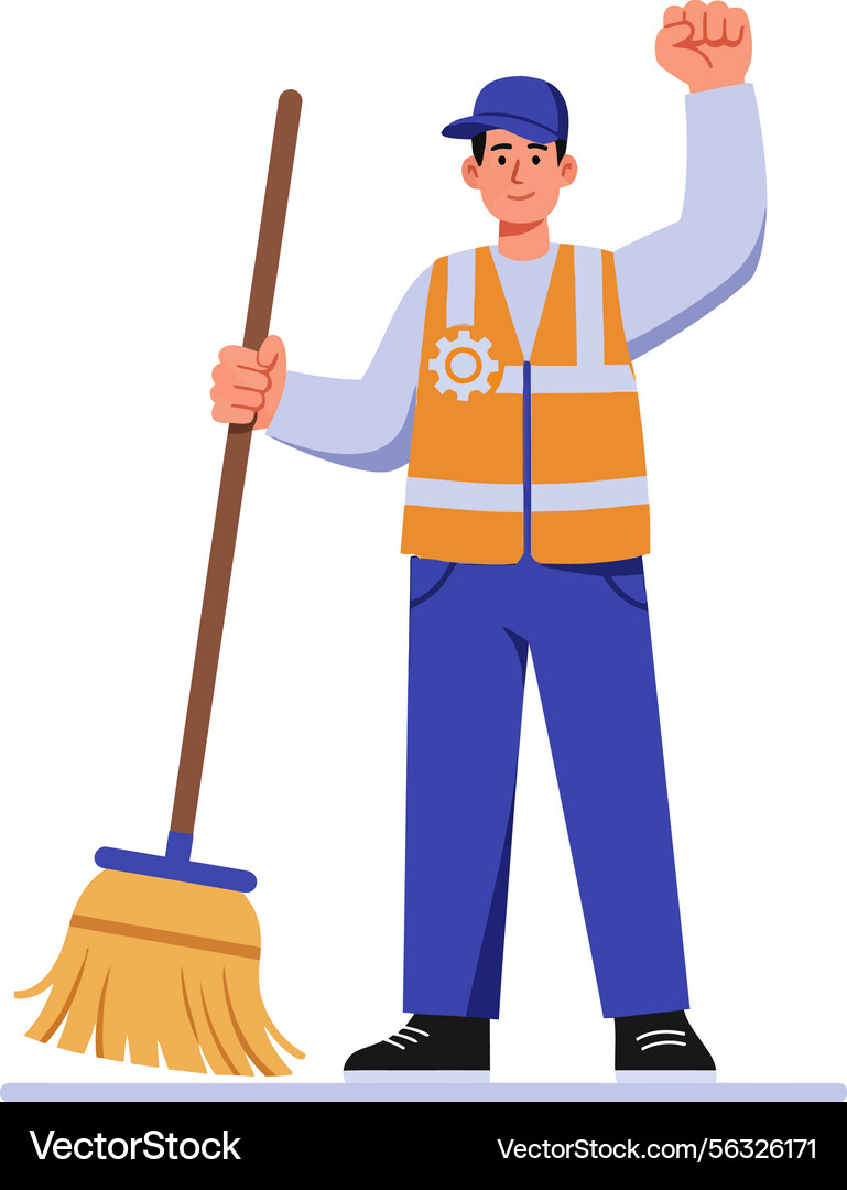 Male Janitor Holding Broom, Energetic Pose Vector Image