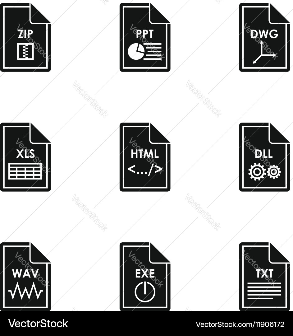 Types of files icons set simple style Royalty Free Vector