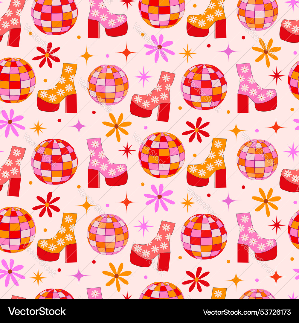 Disco balls and groovy shoes seamless pattern Vector Image