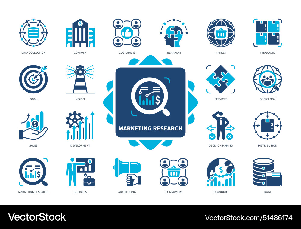Marketing research solid icon set Royalty Free Vector Image