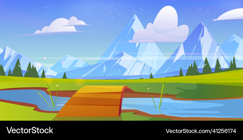 Mountains green valley with river and bridge Vector Image