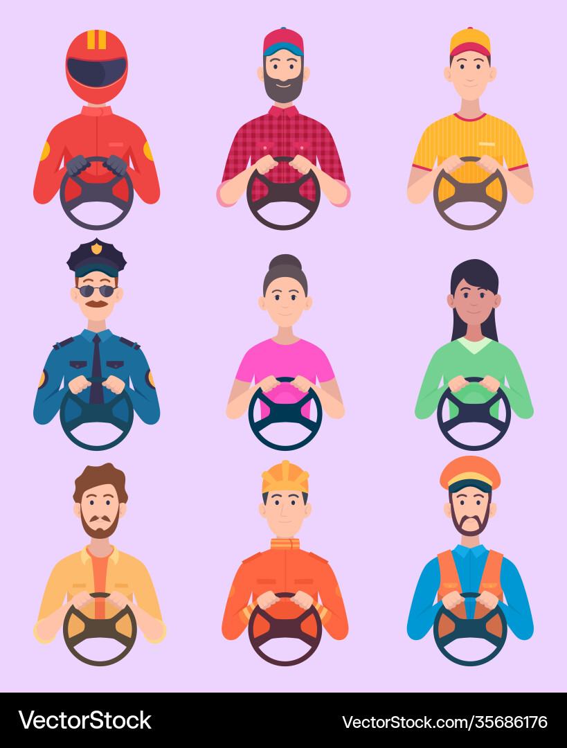 Drivers avatars people holding driving wheel Vector Image