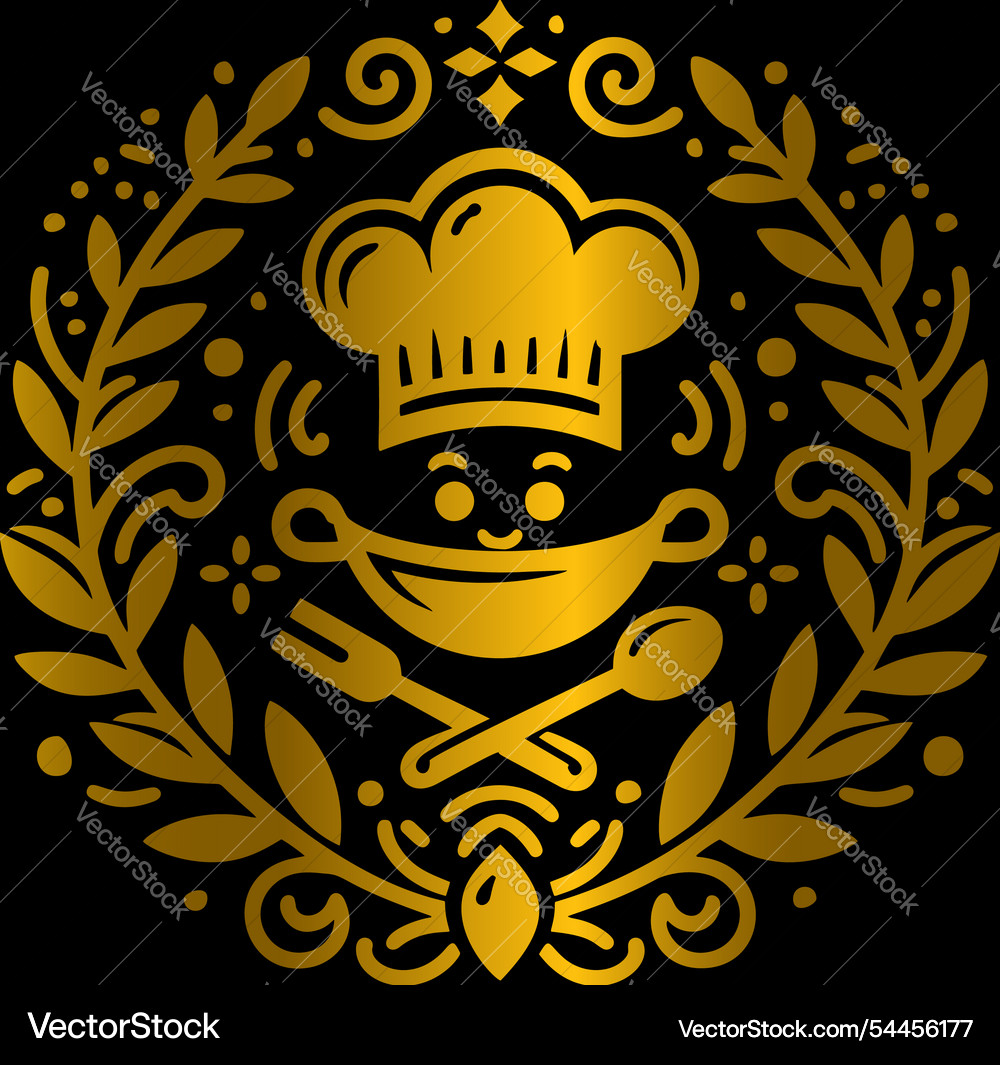 Golden chef emblem with wreath Royalty Free Vector Image