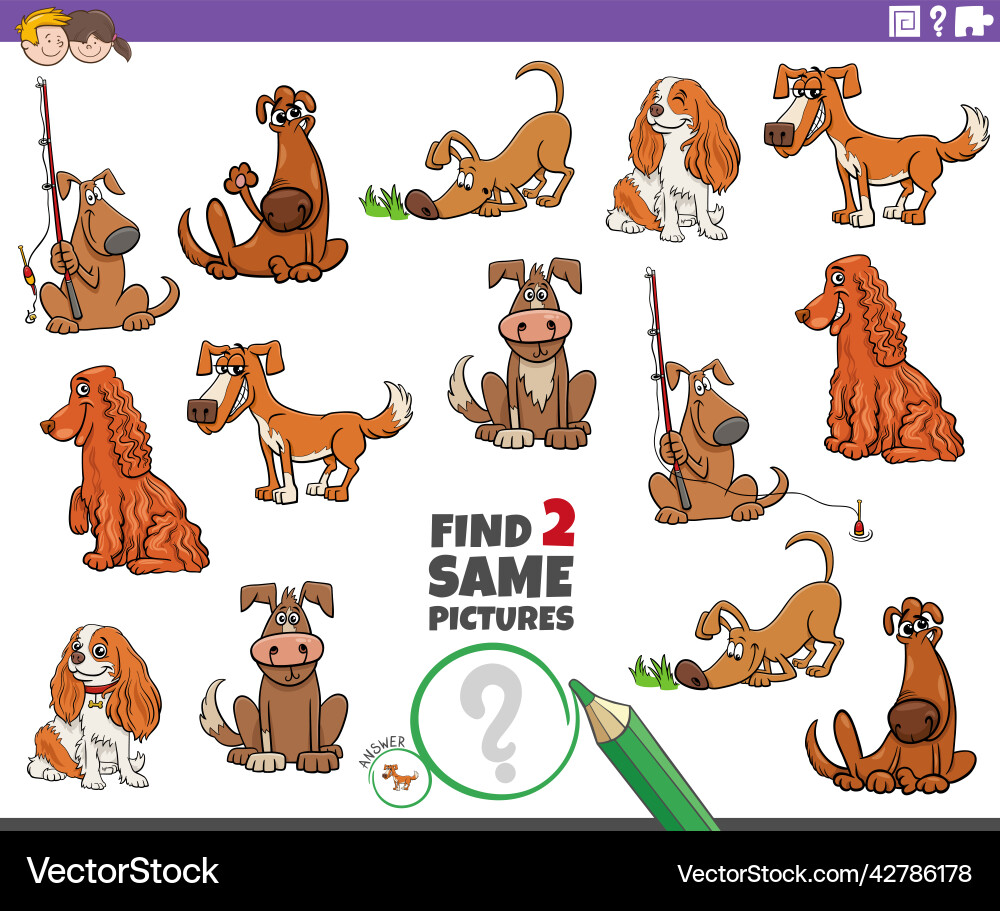 Find two same cartoon dog characters educational Vector Image