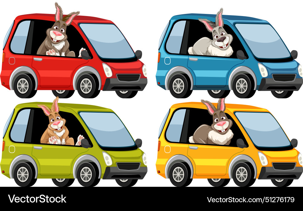 Four rabbits in various colored cars Royalty Free Vector