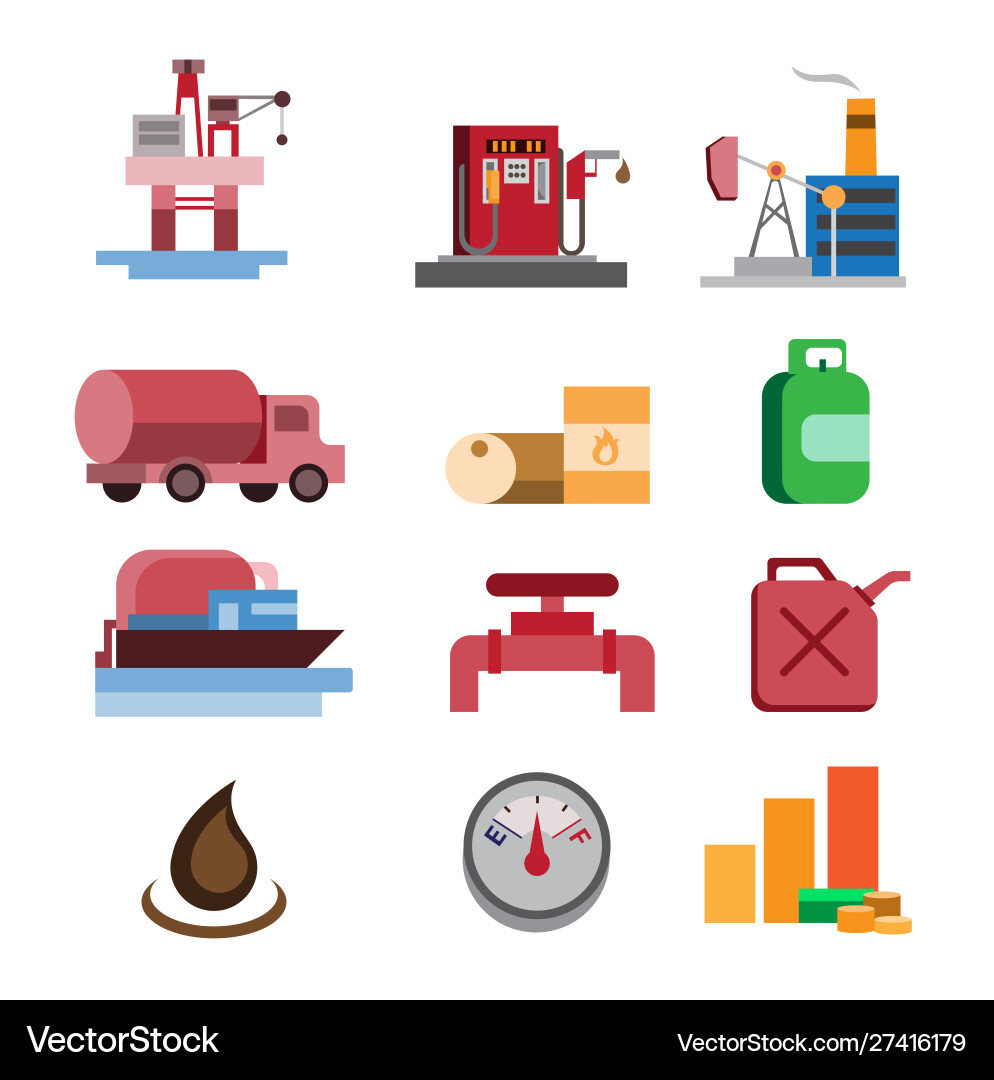 Oil and gas industry icon set flat Royalty Free Vector Image