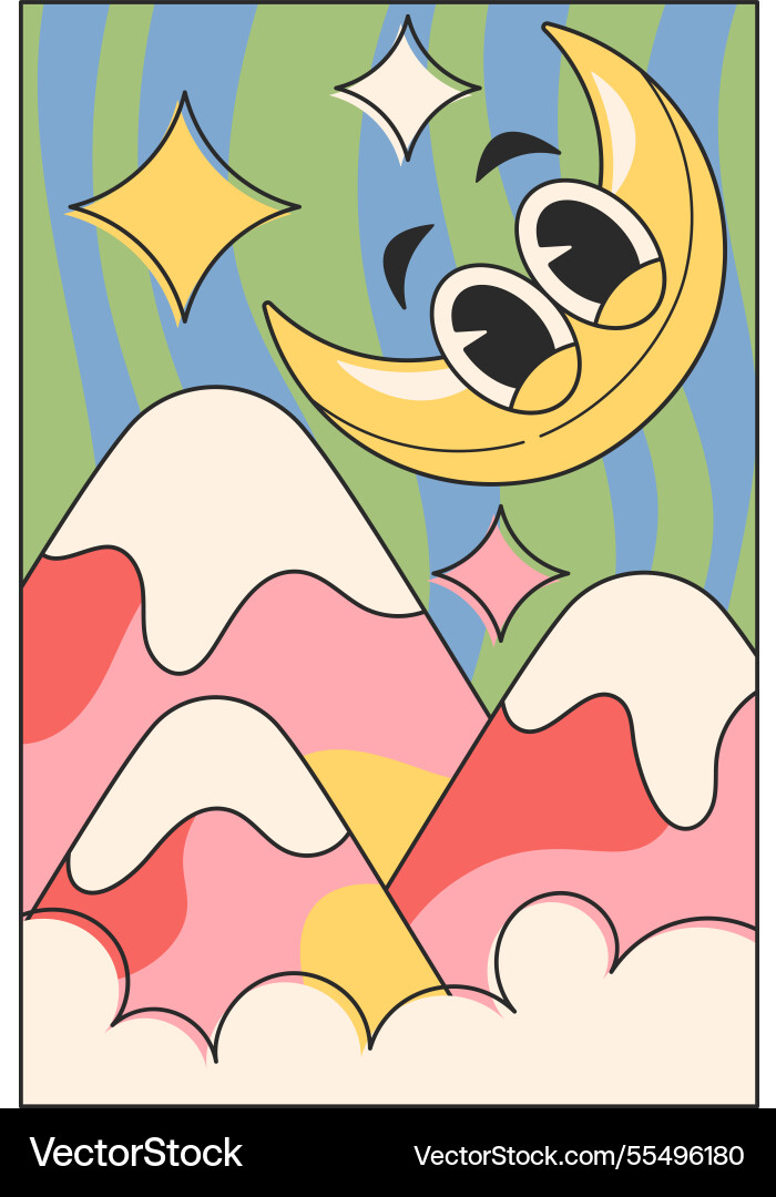 Psychedelic hippie night mountain scene Royalty Free Vector