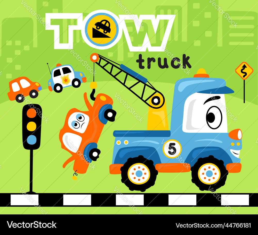 Cartoon Tow Truck Pulling Wrecked Car Royalty Free Vector