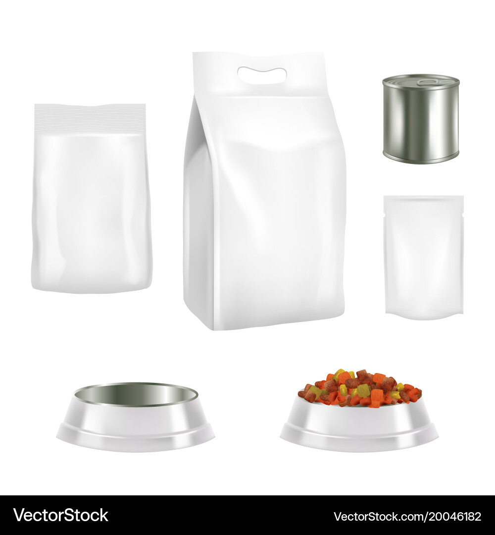 Dog food packaging realistic mockups Royalty Free Vector