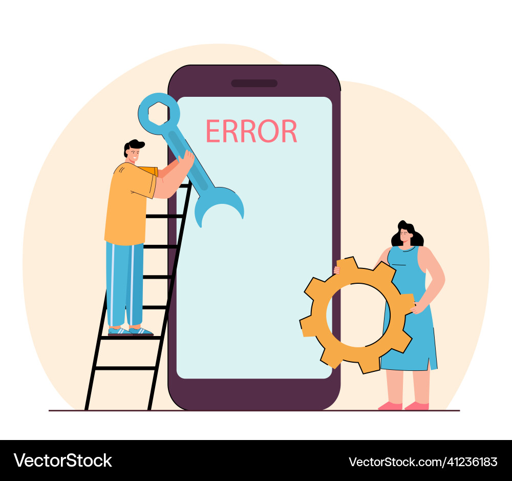 People trying repairing smartphone showing error Vector Image