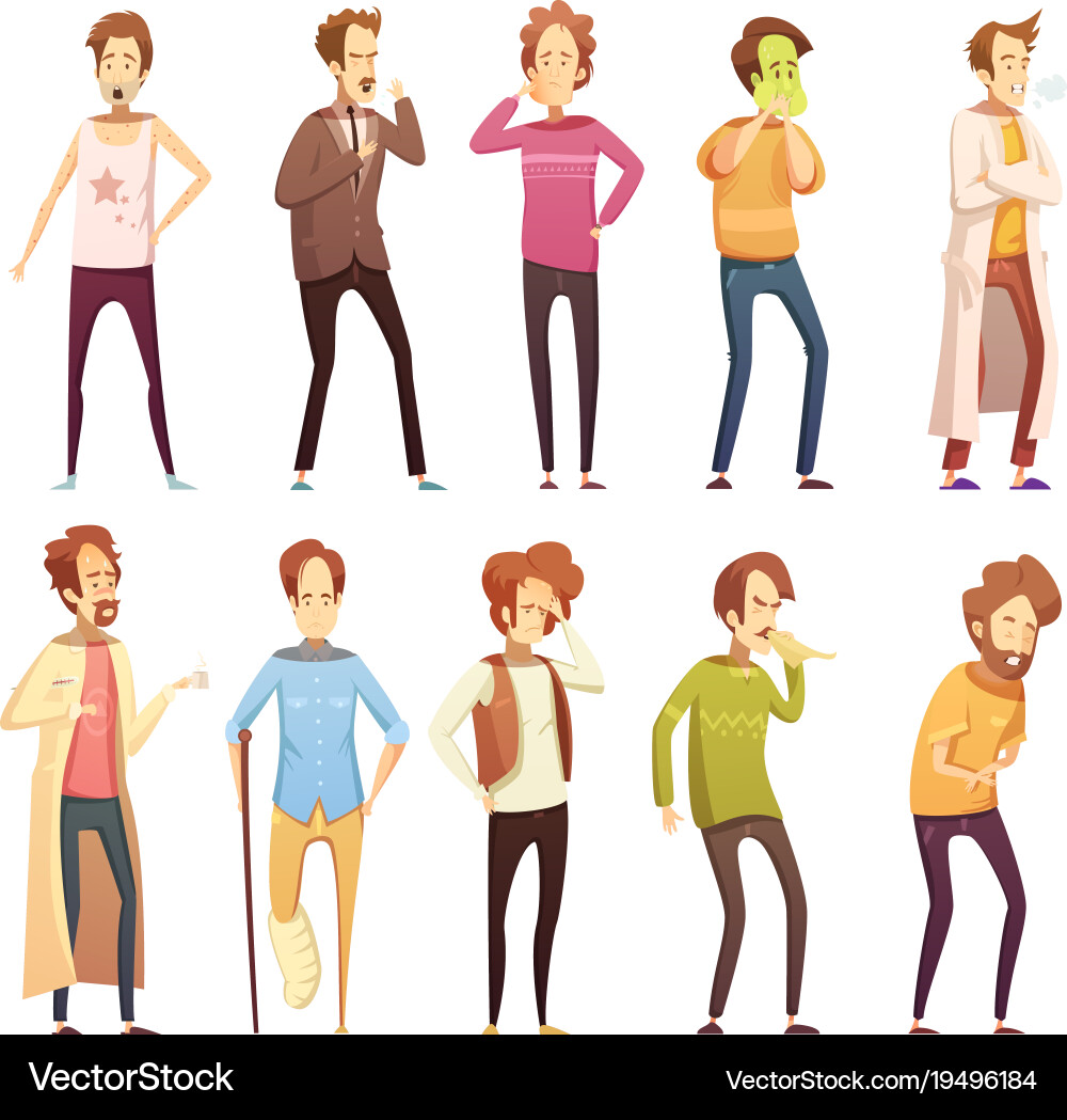 Sickness man retro cartoon icon set Royalty Free Vector