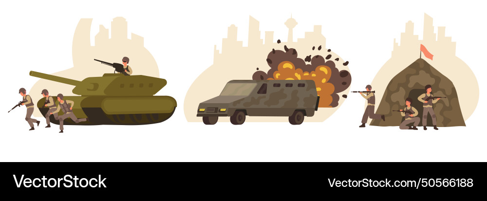 Flat isolated war icon set with tank explosions Vector Image