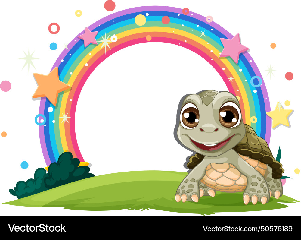 A happy turtle sitting under colorful rainbow Vector Image