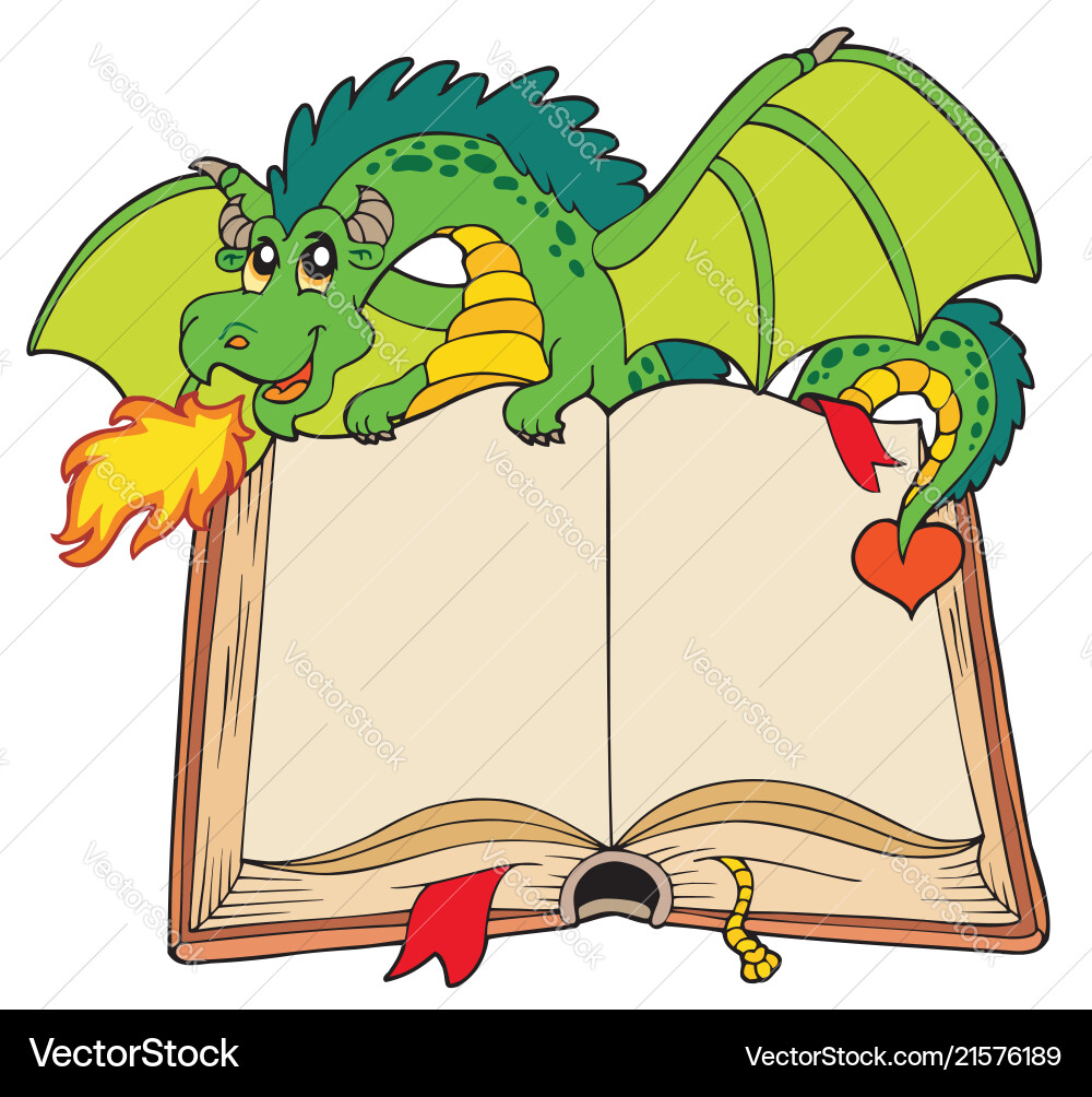 Green dragon holding old book Royalty Free Vector Image
