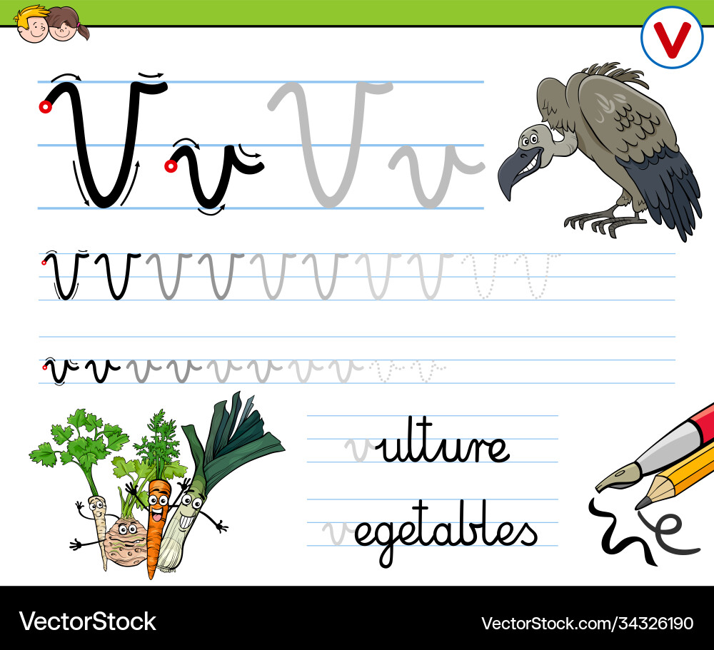 Writting letter v worksheet for children Vector Image